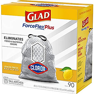 Glad Trash Bags, Tall Kitchen Garbage Bags ForceFlex Plus with Clorox, 13 Gallon, Lemon Fresh Bleach Scent 90 Count (Package May Vary), White-gray, Lemon Fresh