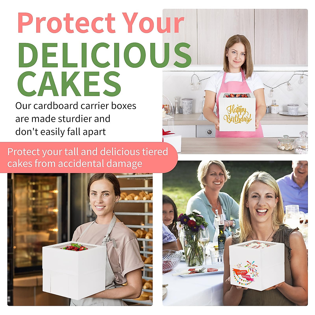 Moretoes 12 Pcs Cake Box, Tall Cake Boxes with Window in 3 Sizes 12x12x12 10x10x10 8x8x8 Inches, Bakery Boxes Disposable Carrier Take Out Container, 2 or 3 Tier for Valentine's Day Mother's Day