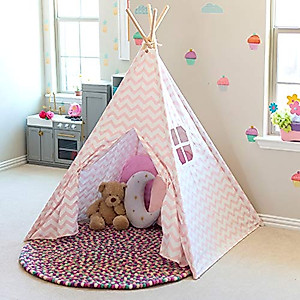 Tiny Land Kids Teepee with Mat and Star Lights, Teepee Tent for Girls Aged 3+, Cotton Girls Play Tent, Foldable Toddler Tent Indoor, Best Gift for Girls (Pink)