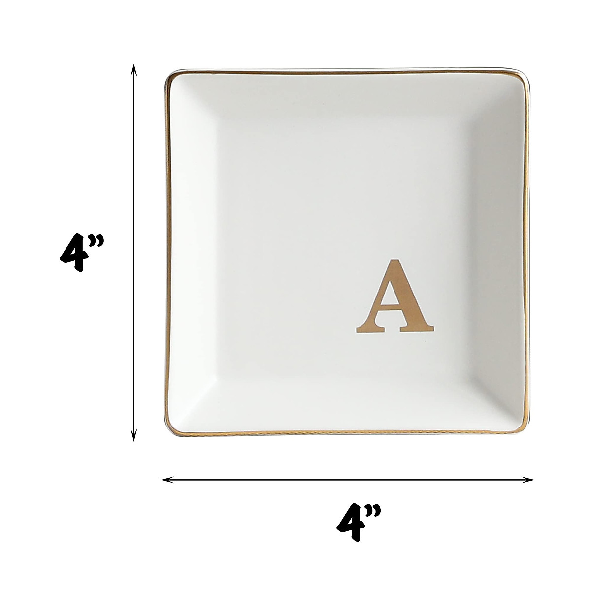 COLLECTIVE HOME - Ceramic Jewelry Tray, Monogram Decorative Trinket Dish for Rings Earrings Necklaces Bracelet Watch Keys, Birthday Mother's Day Christmas Gift for Women, 4" x 4" (A)