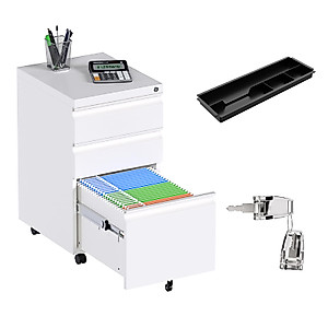 NICOMOW 3-Drawer Locking Metal File Cabinet for Home Office,Easy to Move,Durable and Stable,Under-Desk Filing Cabinet with Legal/Letter Size Drawer,Fully Assembled,White
