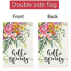 Hello Spring Garden Flag 12x18 Double Sided, Burlap Small Vertical Happy Spring Floral Flower Garden Yard Flags for Seasonal Outside Outdoor House Decoration (Only Flag)