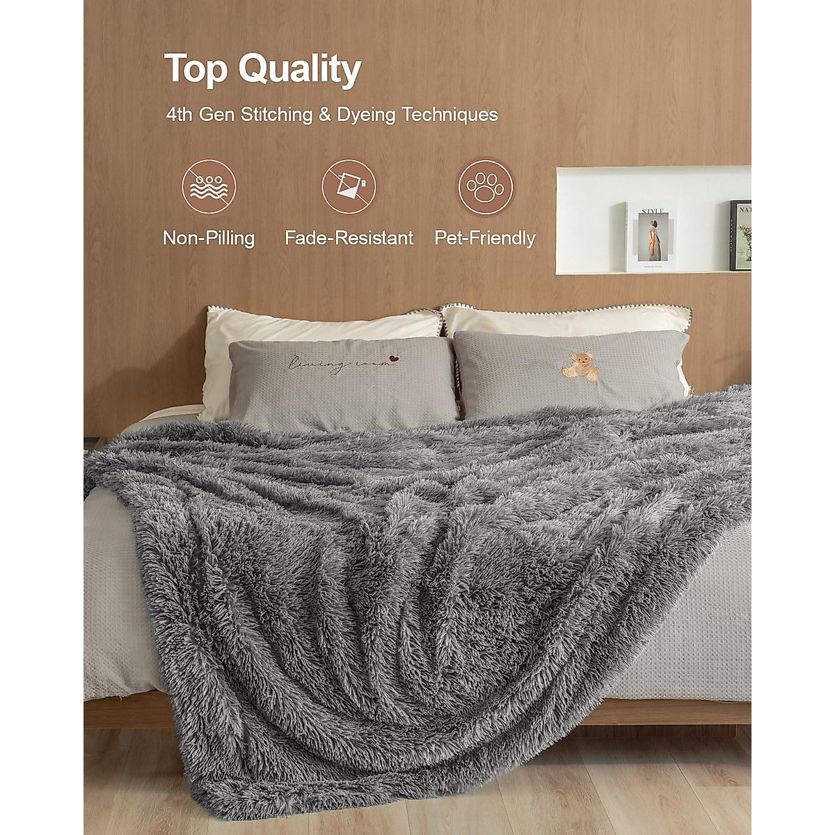 Pawque Faux Fur Blankets Twin Size 50x60 inches, Super Soft Fuzzy Fluffy Blanket, Warm Thick Sherpa Long Hair Shag Reversible Lightweight Cozy Throw for Bedroom Sofa Couch, Grey
