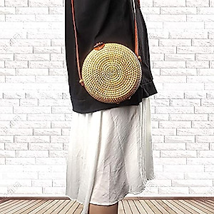 DODOPEN Crossbody Bags for Women,100% Natural Handwoven Round Rattan Bag Straw Bags Satchel Shoulder Leather Strap Natural Chic
