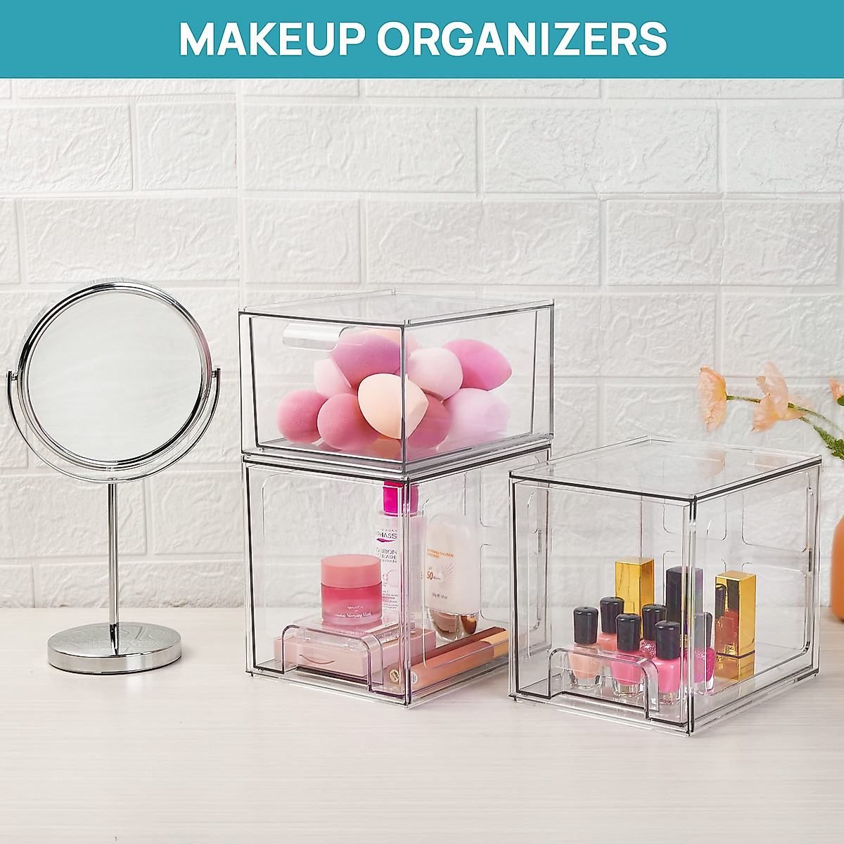 Vtopmart 4 Pack Stackable Makeup Organizer with Jewelry Organizer