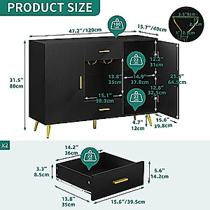 YITAHOME Sideboard Buffet, Buffet Cabinet Storage Credenza w/Adjustable Shelf, Wine Glass Holder, Drawers, Modern White & Gold Dresser 300 lbs Capacity for Living Room, Kitchen, Dining Room, Black