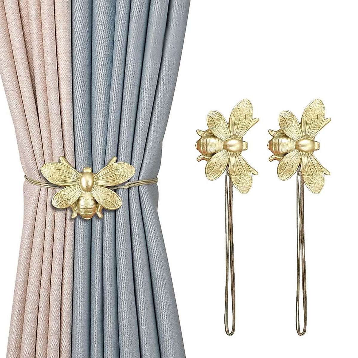 Curtain Holdbacks, Gift Set of 2, Resin Magnetic Curtain Tiebacks Golden Flying Bee Curtain Holders, Decorative Curtain Ties for Drapes, Outdoor Home Office Farmhouse Curtain Decorative Accessories
