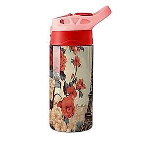 Stainless Steel Water Bottles Paris Vintage Floral Travel Water Cups with Handle And Silicone Straw Drinking Cup with Leak Proof Lid Thermo Travel Mug for Women Men