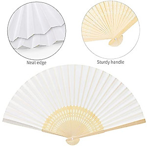FEPITO 65 Pieces White Handheld Paper Fan Paper Folding Fans with Bamboos for Wedding Gift, Party, Home, DIY