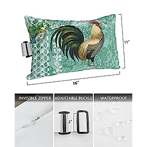 Recliner Head Pillow Ledge Loungers Chair Pillows with Insert Farmhouse Animal Rooster Retro Green Lumbar Pillow with Adjustable Strap Outdoor Waterproof Patio Pillows for Beach Pool, 2 PCS
