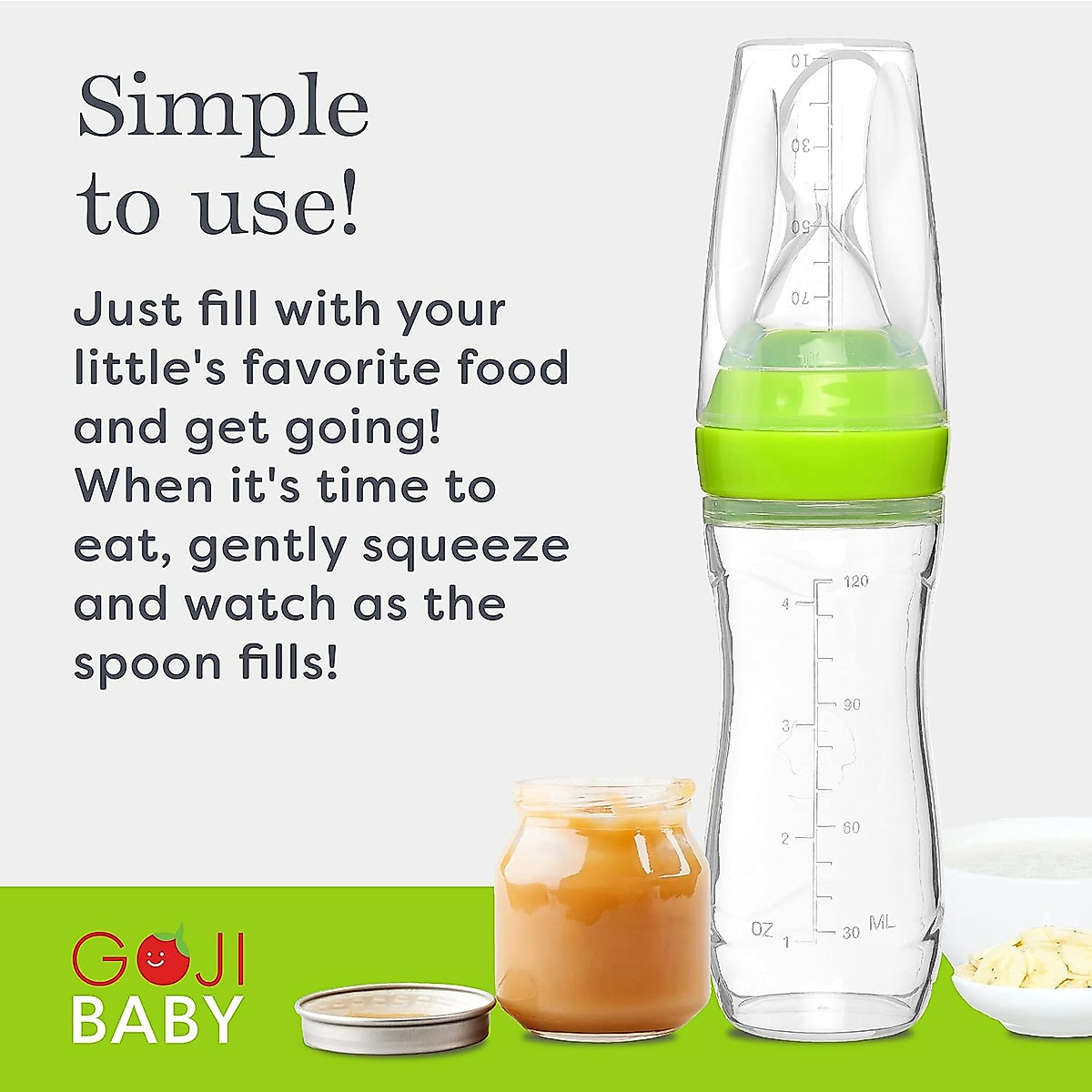 Goji Baby – Baby Food Dispensing Spoon – Mess-Free Feeding – Silicone Baby Food Dispenser for 4+ Months – Precise Food-Release Bottle Spoon Feeder – Straining Baby Squeeze Spoon (Green, 4 Pack)