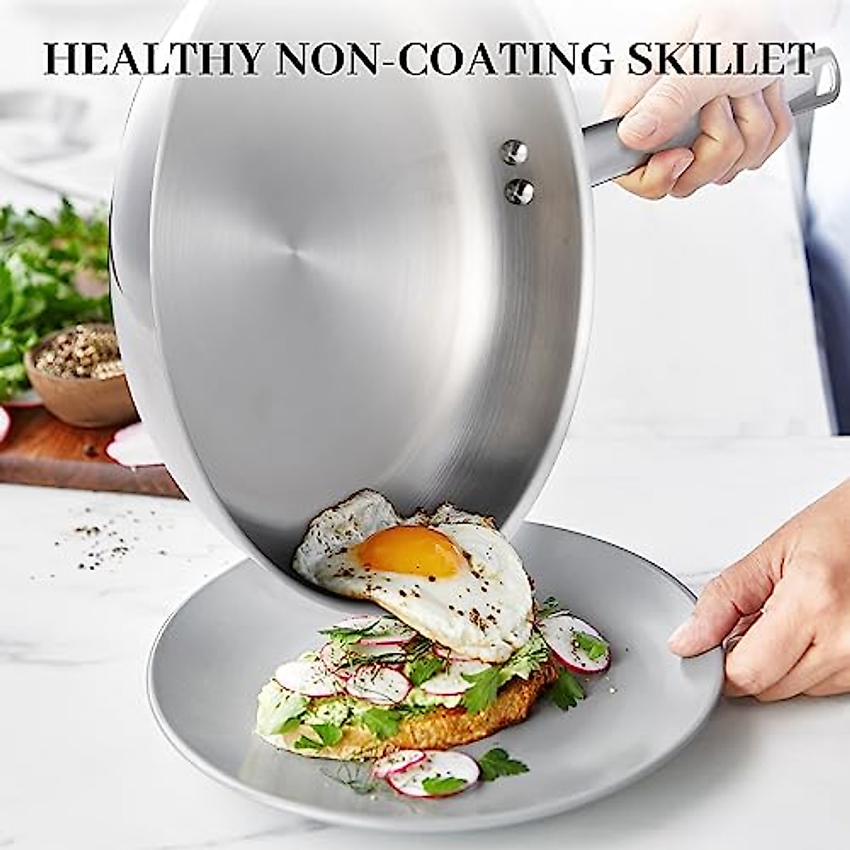 Deluxe Oil Gather Pro Stainless Steel Skillet, 11 Inch Frying Pan with Lid for Cooking, Prefesstional Cookware with Long and Stay Cool Handle Suit for All Stoves Induction Oven Dishwasher Safe