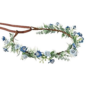 KorViSHOW Handmade Blue Flower Crown Green Leaf Headdress for Women Girls Flower Headband Bridal Headpiece Fairy Wreath for Birthday Party Festival Cosplay