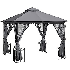 Outsunny 10' x 10' Patio Gazebo, Double Roof Outdoor Gazebo Canopy Shelter with Netting, Steel Corner Frame for Garden, Lawn, Backyard and Deck, Dark Gray