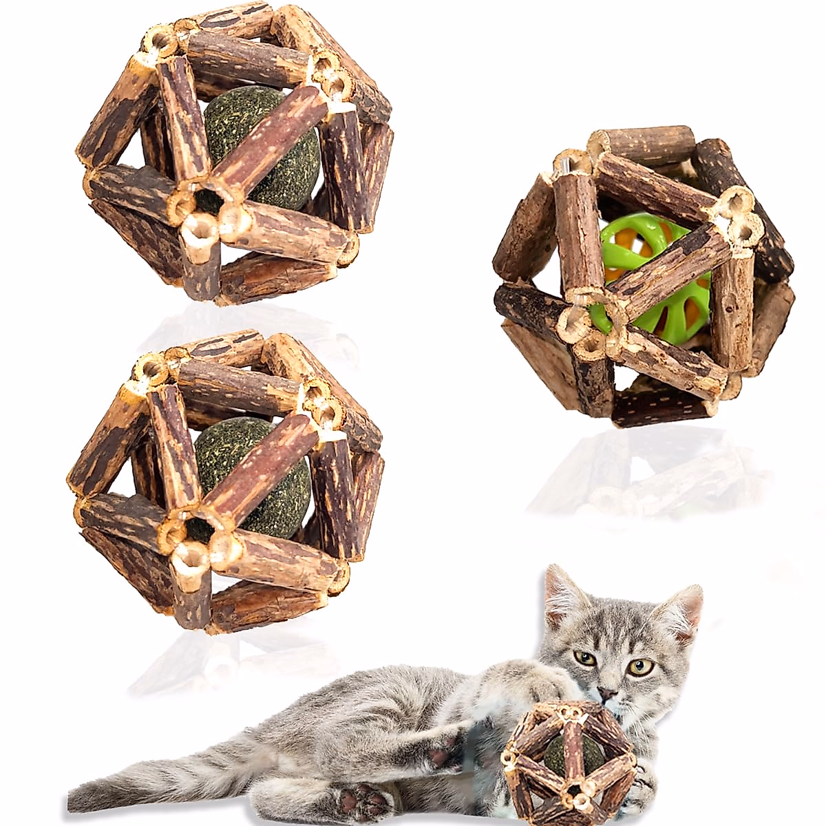 QUVOVID Cat Catnip Toys 3 Packs Catnip Ball Toys, Nature Silvervine Stick Cage Cat Bell Balls, Catnip Toys for Cleaning Teeth, Relaxing Cats, Cat Toys for All Breeds