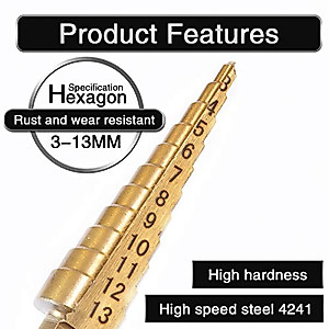HOHXEN 1/4 Hex Shank Titanium Step Drill Bit High Speed Steel 11 Steps Hex Shank 3-13MM