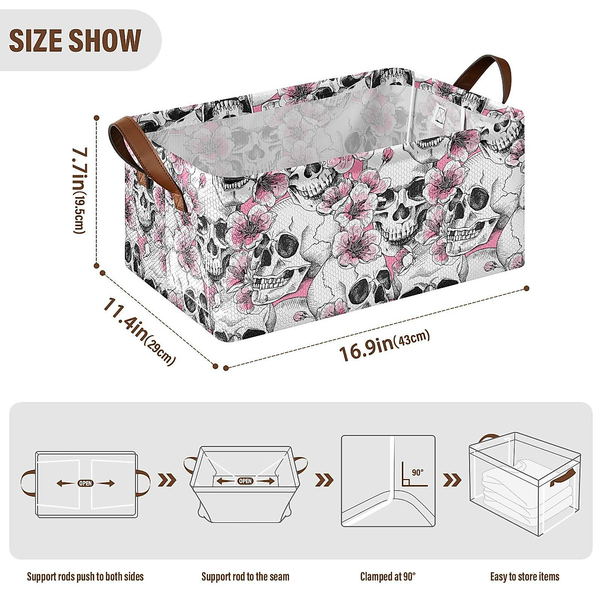 SLHKPNS Collapsible Storage Bins with Handles Pink Skull Storage Baskets for Shelves and Closet with Metal Frame Organizer Bins for Clothing,1PC,16.9"x11.4"x7.7", Spring Flowers