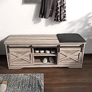 IANIYA Shoe Storage Bench, Bamboo Shoe Rack Organizer with Cushion for Entryway, 3-Tier Shoe Shelf Cabinet with 10 Compartments, Holds 150 lb (Antique Gray + Particle Board)