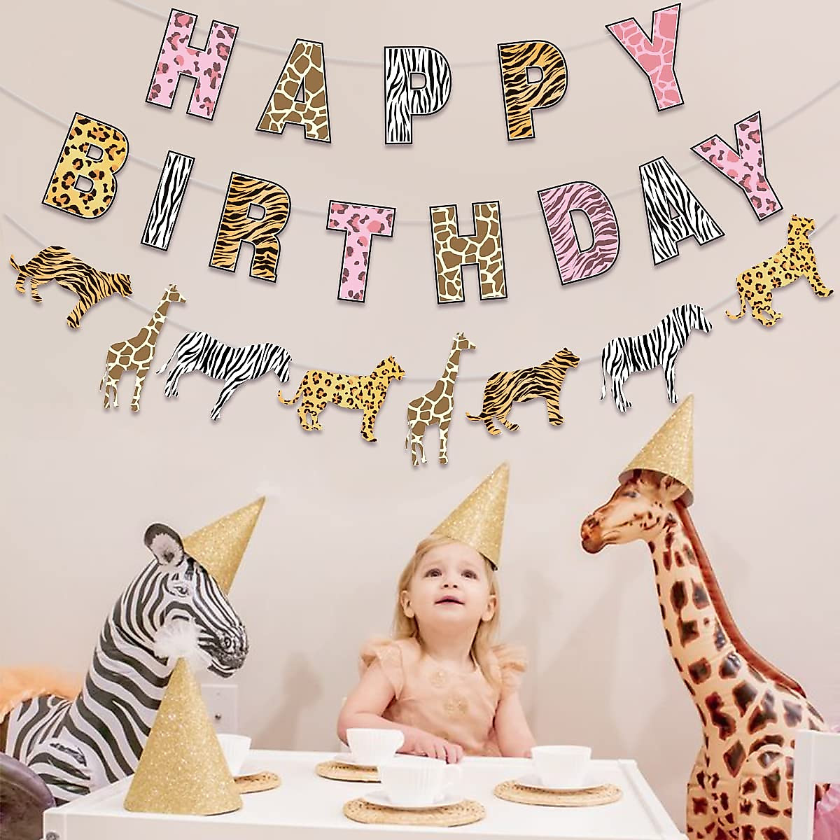 Safari Birthday Decorations Jungle Theme Party Supplies for Girl - Pink Cheetah Happy Birthday Banner, Animal Print Garland, Jungle Safari Animal Leopard Party Sign