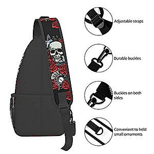 SUPLUCHOM Sling Bag Skull Bird Red Rose Gothic Hiking Daypack Crossbody Shoulder Backpack Travel Chest Pack for Men Women Over 12 Years Old