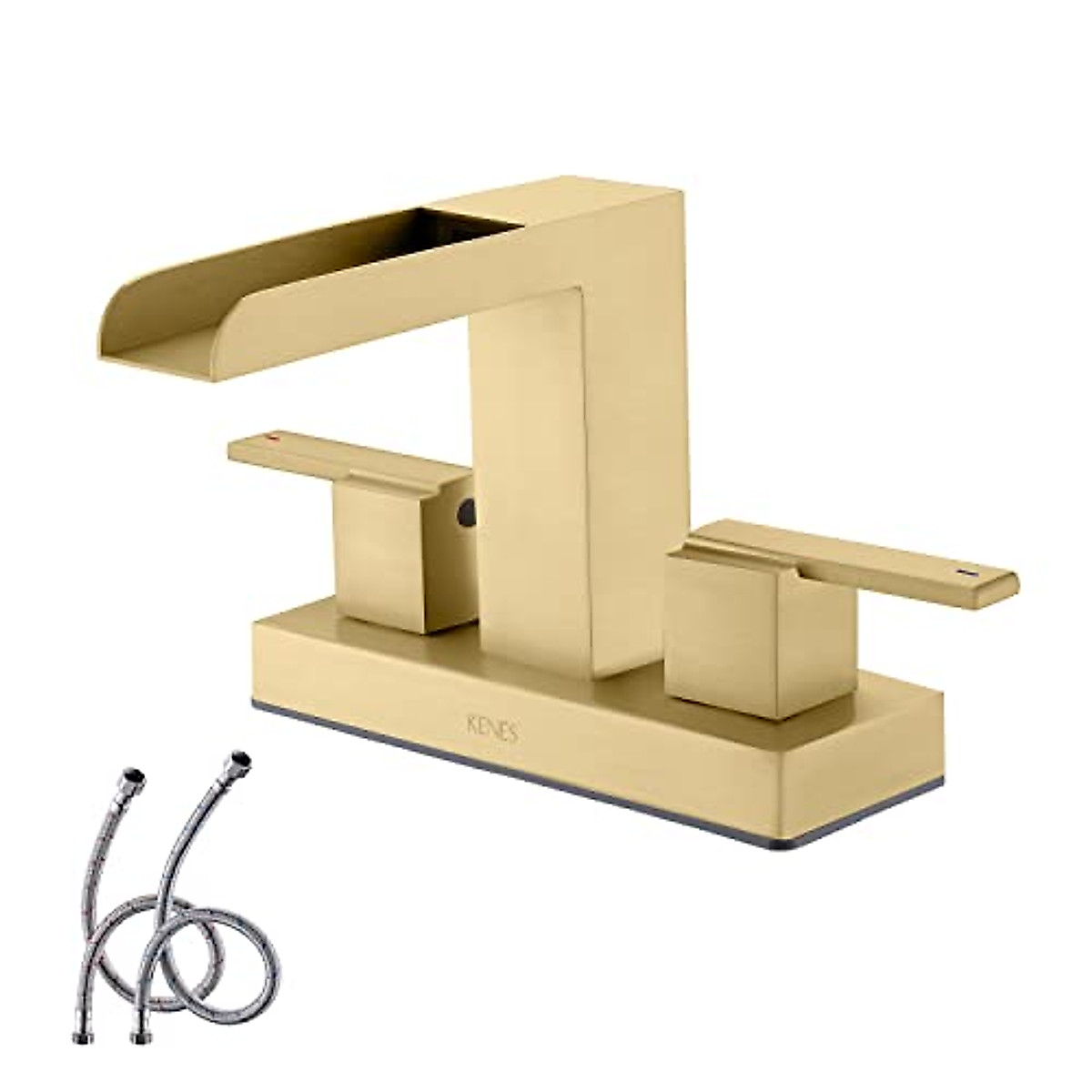 KENES Brushed Gold Waterfall Bathroom Faucet 3 Hole Gold 4 Inch 2 Handle Centerset Bathroom Sink Faucet Modern Bathroom Vanity Faucet with Supply Lines, KE-9053-4