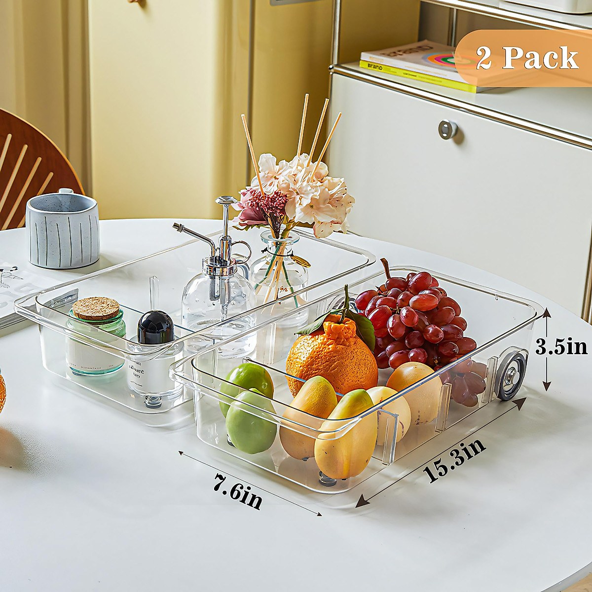 MANO 2 Pack Divided Rolling Refrigerator Tray Clear Roll Out Fridge Caddy Organizer with Wheels for Veggie Pantry Snackle Box Under Sink Bathroom Organizer and Storage Bins