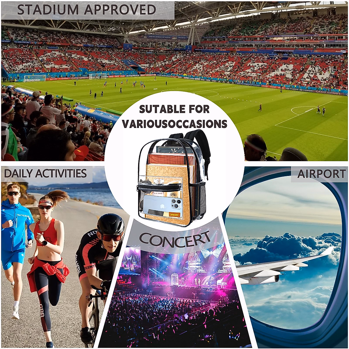 JOWURY Clear Backpack - Heavy Duty PVC Transparent Backpack, See Through Large Capacity School Backpack for Students, Concerts, Work, Safety, Travel (15", Suitable for Kids)