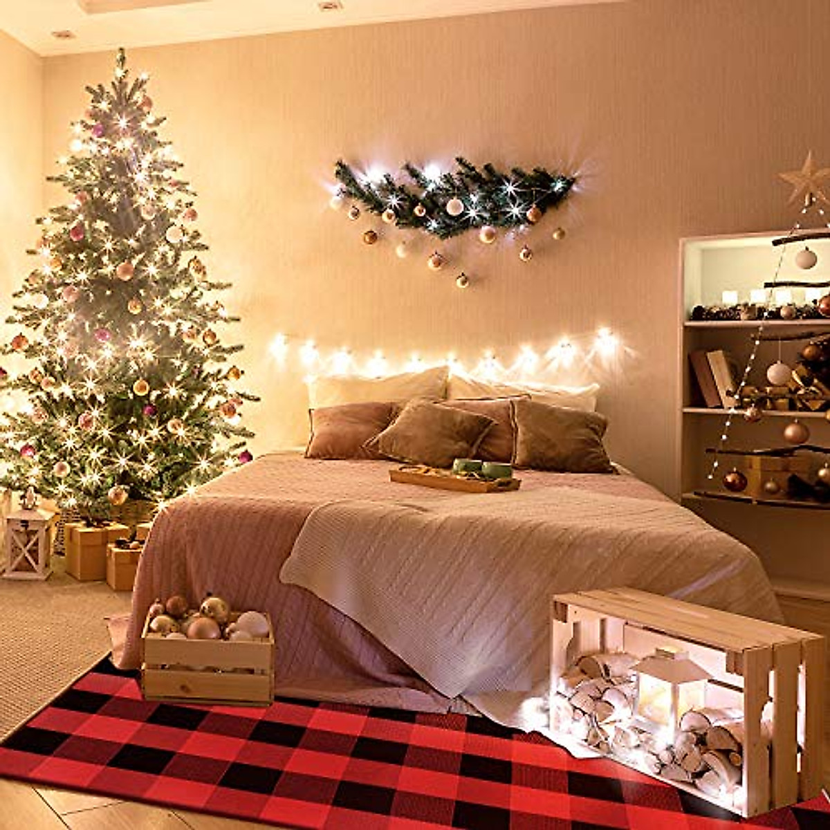 Buffalo Plaid Area Rug, 23.6 x 51.2 inch Kitchen Rug Cotton Outdoor Mat for Porch Bathroom Carpet Living Room Indoor Doormat, Black and Red