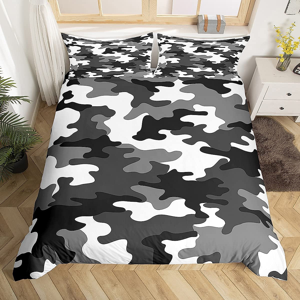 Army Camo Bedding Set, Black and Gray Military Style Camouflage Comforter Cover for Adult Boys Teens Abstract Art Pixel Design Duvet Cover, Soft Microfiber Durable Bedding Collection, Full Size