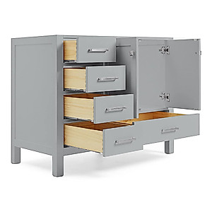 ARIEL 42" Grey Bathroom Vanity Base Cabinet, Right Offset Sink Configuration, 2 Soft Closing Doors, 9 Full Extension Dovetail Drawers, Brushed Nickel