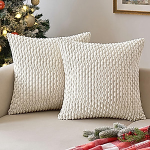 ANRODUO Pack of 2 Cream White Pillow Covers Decorative Throw Pillow Covers 18x18 Inch for Couch Bed Living Room Soft Corduroy Striped Square Cushion covers Rustic Farmhouse Boho Fall Home Decor