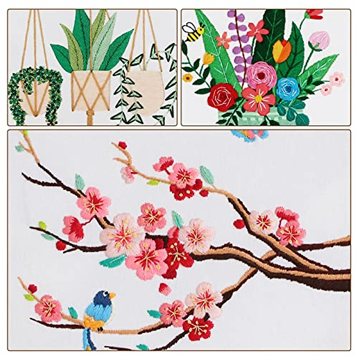 Nuberlic 3 Sets Stamped Embroidery Starter Kit with Instruction for Adults Beginners, Cross Stitch Kits Include Embroidery Needlepoint Cloth Hoops Needles and Threads