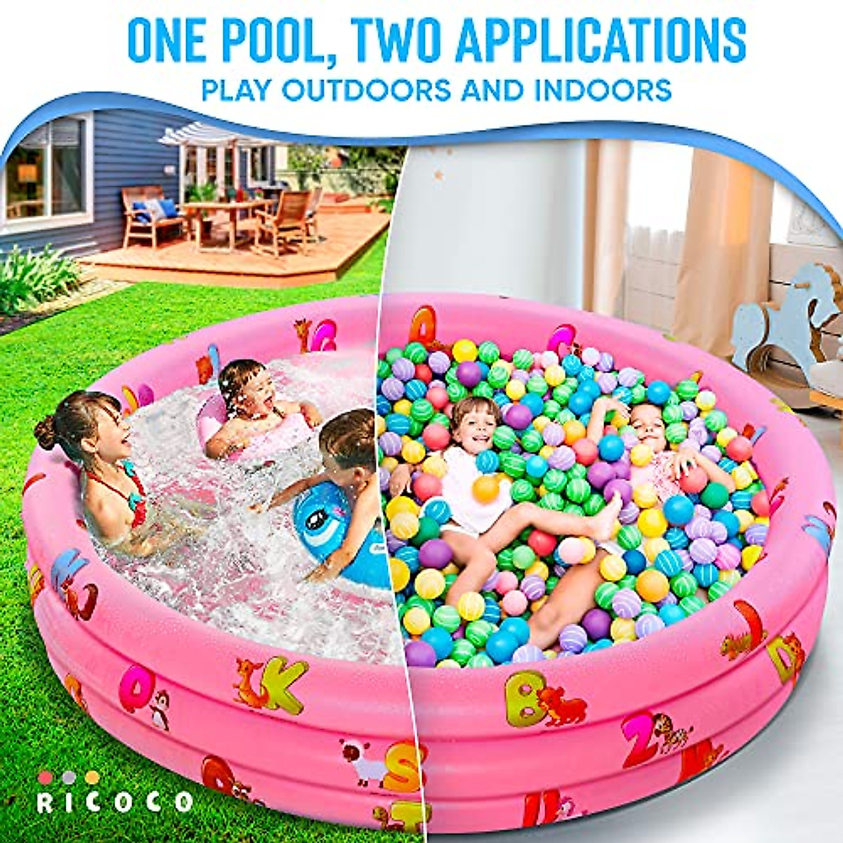 Inflatable Kiddie Pool for Kids - Kids Pools for Backyard - Swimming Pool for Kids, Toddlers, Baby - 3 Ring Pools for Inside and Outside - Durable Material with Soft Blow Up Bubble Botton, Pink