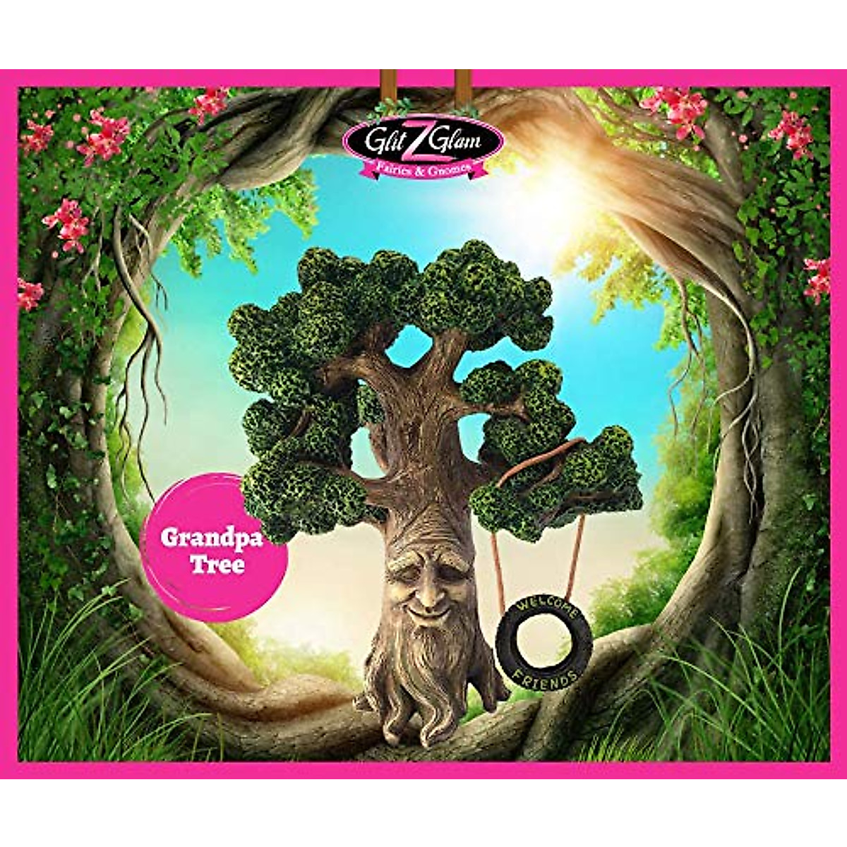 Fairy and Garden Gnome Tree - Enchanted Grandpa Miniature Tree with Removable Glow in The Dark Welcome Sign for Fairies and Lawn Gnomes