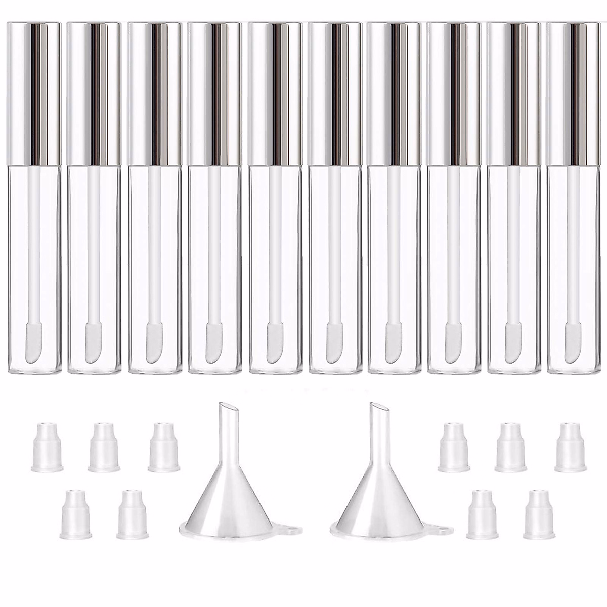 GTHER 10PCS 10ML Empty Lip Gloss Containers Tube with Wand, Refillable Lip Balm Bottles, Lipstick Sample Container and Funnel and Rubber Stoppers for Girls DIY Lip Samples, Silver Top