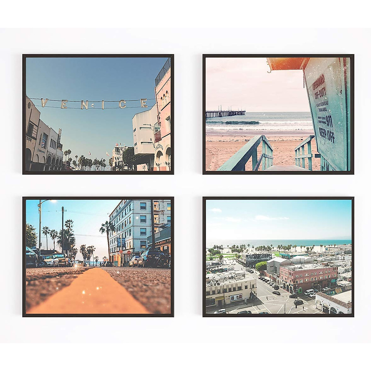 Venice Beach Photography Photographic Prints, Set of 4, Unframed, Lifeguard Stand, Downtown, Aerial Art Decor Poster Sign, 8x10
