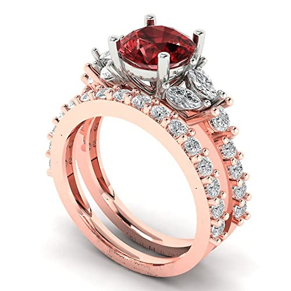 Clara Pucci 2.82ct Round cut Solitaire 3 stone Natural Red Garnet Designer Art Deco Statement Wedding Ring Band Set 18K Rose White Gold 6