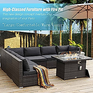 NICESOUL® 118.7''L- High Back Large Size PE Rattan Patio Furniture Sectional Sofa Sets with Cushions Outdoor Wicker Conversation Sets with Fire Pit Table CSA Approved