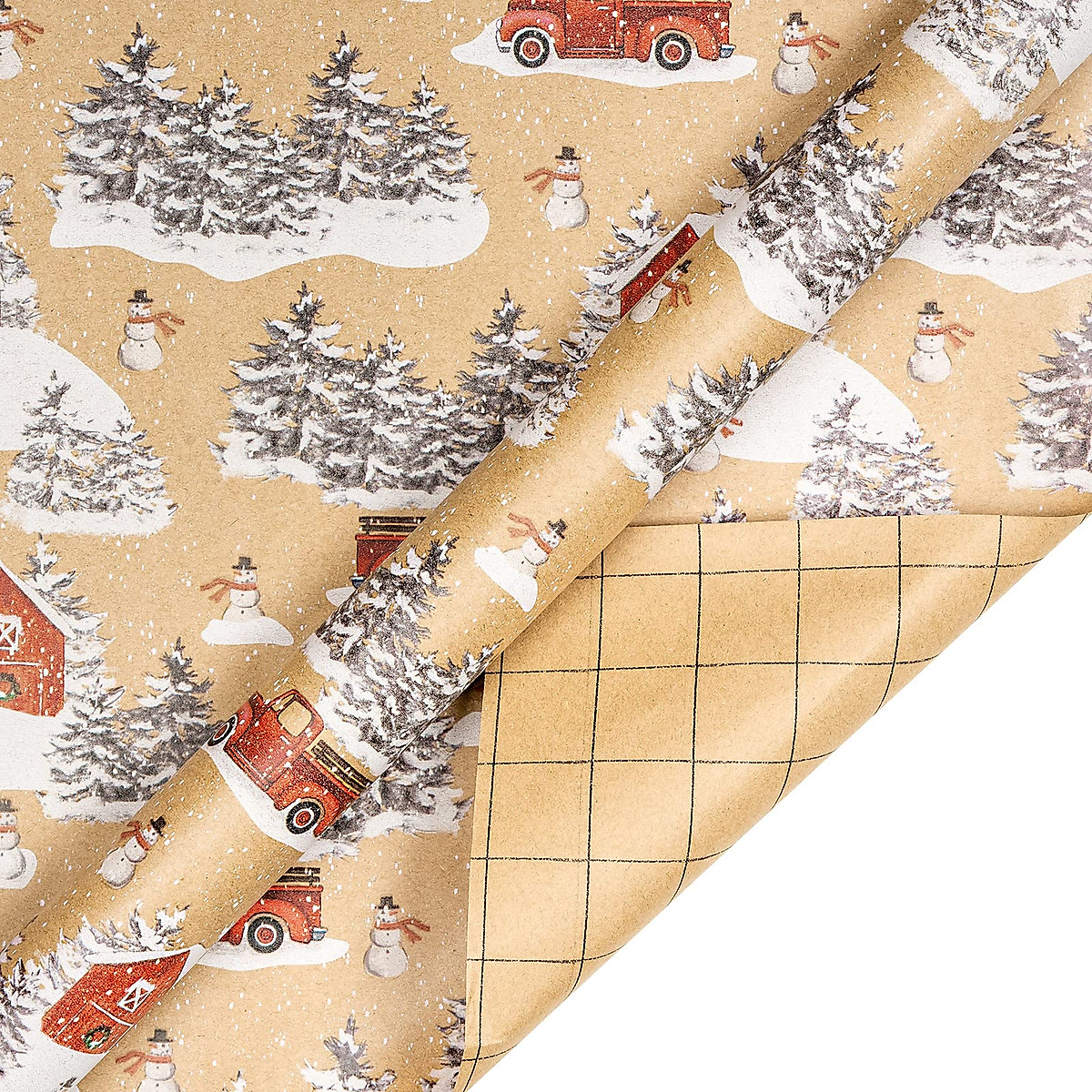 RUSPEPA Christmas Wrapping Paper, Kraft Paper - Snowflake, Snowman, Red Truck and Christmas Tree - 4 Rolls - 30 inches x 10 feet per Roll