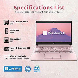 HP Stream Laptop 14" HD, Intel Celeron N4020 Processor, 8GB DDR4 RAM, 64GB SSD, Intel HD Graphics, 720p Webcam, 1 Year Office 365, White, Win 11 S, Alpacatec Accessories