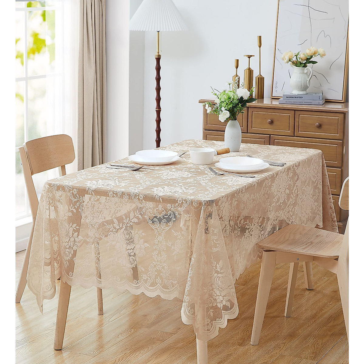Warm Home Designs 60 x 84 Lace Tablecloth. Gold Linen Rectangle Tablecloth with English Rose Design. Rectangular Tablecloth, Rustic Tablecloth or Dining Table Cover for 6-8 Guests. LTC Linen 84"