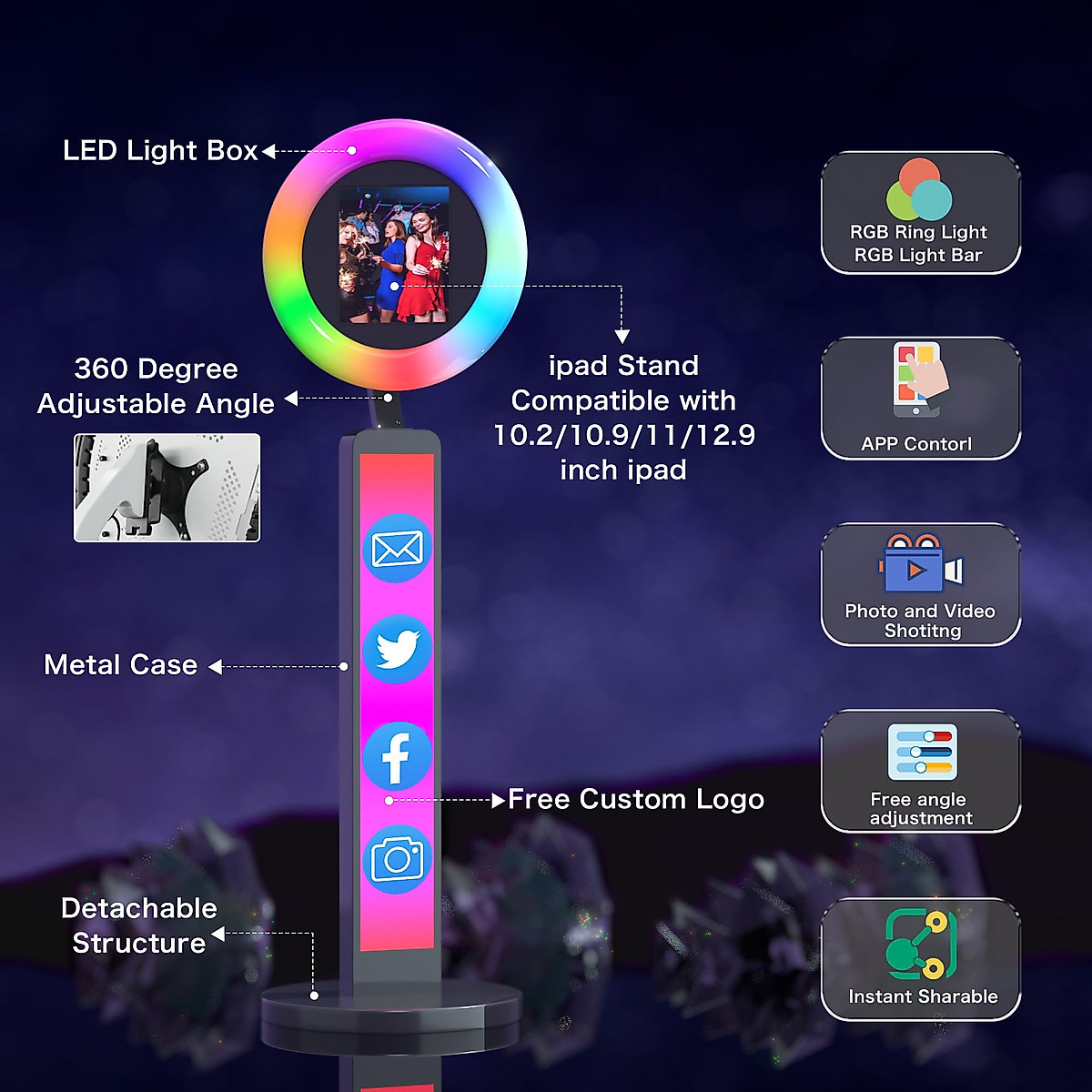 Portable Photo Booth for 10.2in 10.9in 12.9in Ipad, Selfie Photo Booth with Software, Flight Case, Ring Light, APP Remote Control, Music Sync