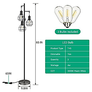 EDISHINE Industrial Floor Lamp, Dimmable Farmhouse Standing Lamp for Living Room, Sturdy Base, Rustic Tall Tree Reading Lamps Home Decor for Bedroom, Office, Black (3 LED Edison Bulbs Included)