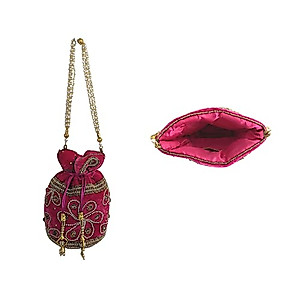 CRAFT BAZAAR Indian Potli Bag, Standing Drawstring Purse, Mini Bucket Bag, Evening Bag with Wristlet and Tassels (Pink)