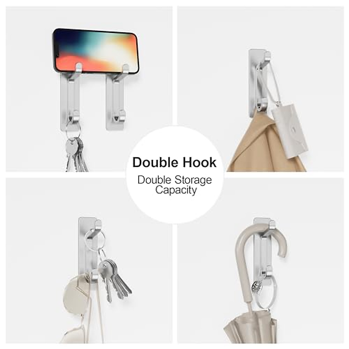 pickpiff Adhesive Coat Hooks, Extra Sticky Waterproof Metal Hook for Hanging Towels, Wreath, Purse, Hat, Cloth, Wall Mounted Hanger for Shower Bathroom Kitchen Door Heavy Duty, Silver, 4 Pack