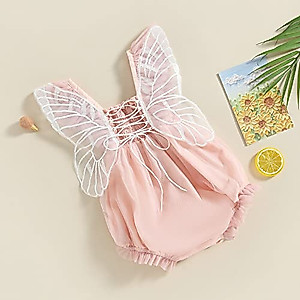 CREAIRY Baby Girl Butterfly Wings Short Sleeve Romper Dress Lace Tulle Tutu Dress Bodysuit Jumpsuit Birthday Summer Outfits (Pink, 9-12 Months)