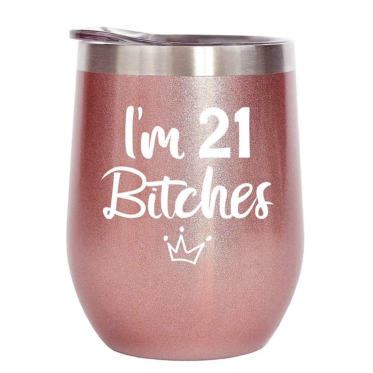 21st Birthday Gifts for Women 12oz Wine Tumbler with Lid | Funny 21 Year Old Birthday Gift for Her | Birthday Decoration Ideas | Finally 21 Shot Glass | Rose Gold Cup with Tiara Print