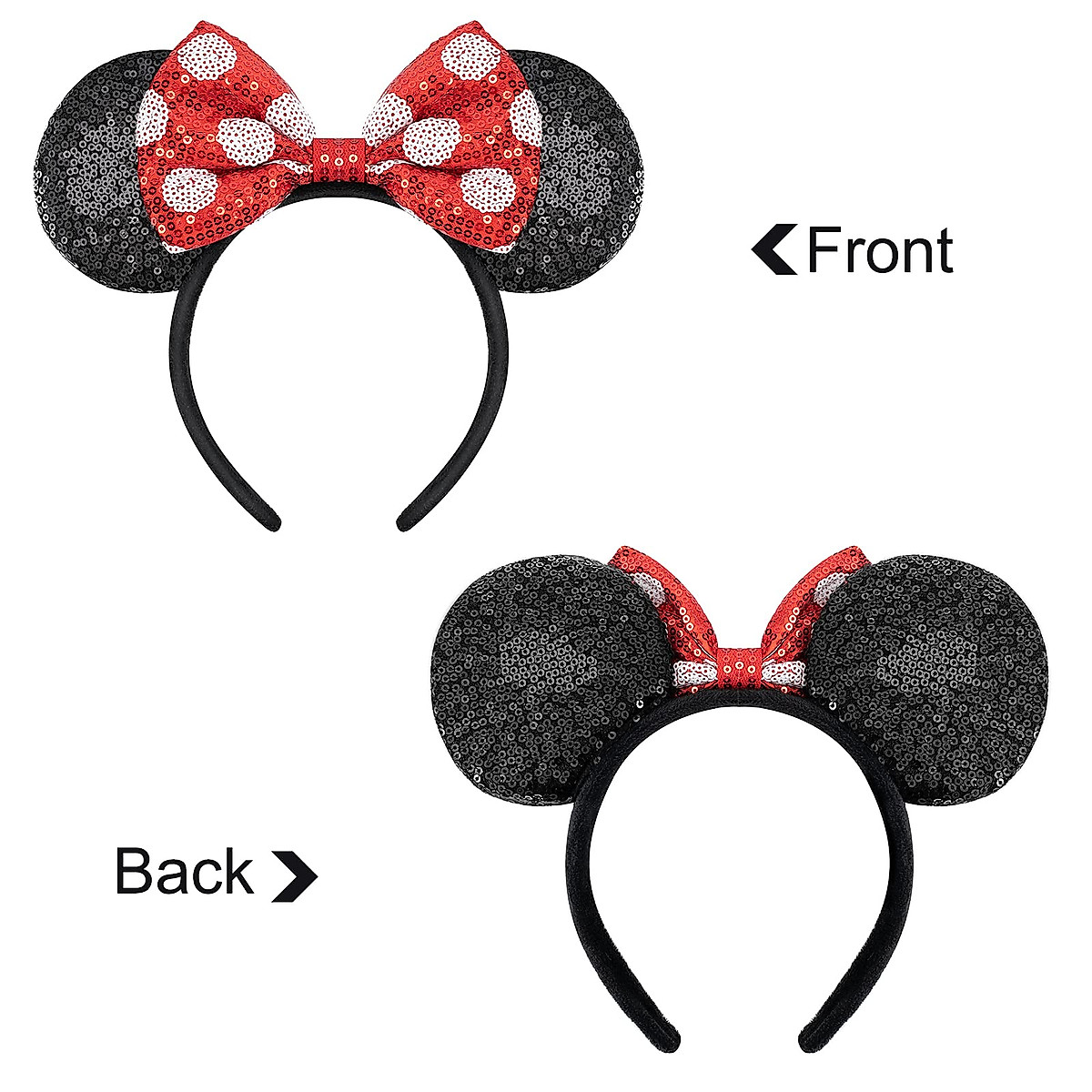 YUNISS 2 PCS Mouse Ears, Shiny Red Sequin Bow Mouse Ears Headbands for Adult Women Girls Christmas Birthday Party (Red&dot bow)