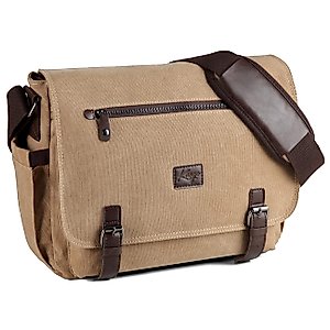 Kasqo Messenger Bag for Men, 14" Vintage Shockproof Waterproof Canvas Laptop Satchel Bag for School College Work, Khaki