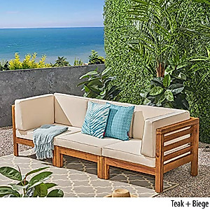 Great Deal Furniture Dawson Outdoor Sectional Sofa Set - 3-Seater - Acacia Wood - Outdoor Cushions - Teak and Beige